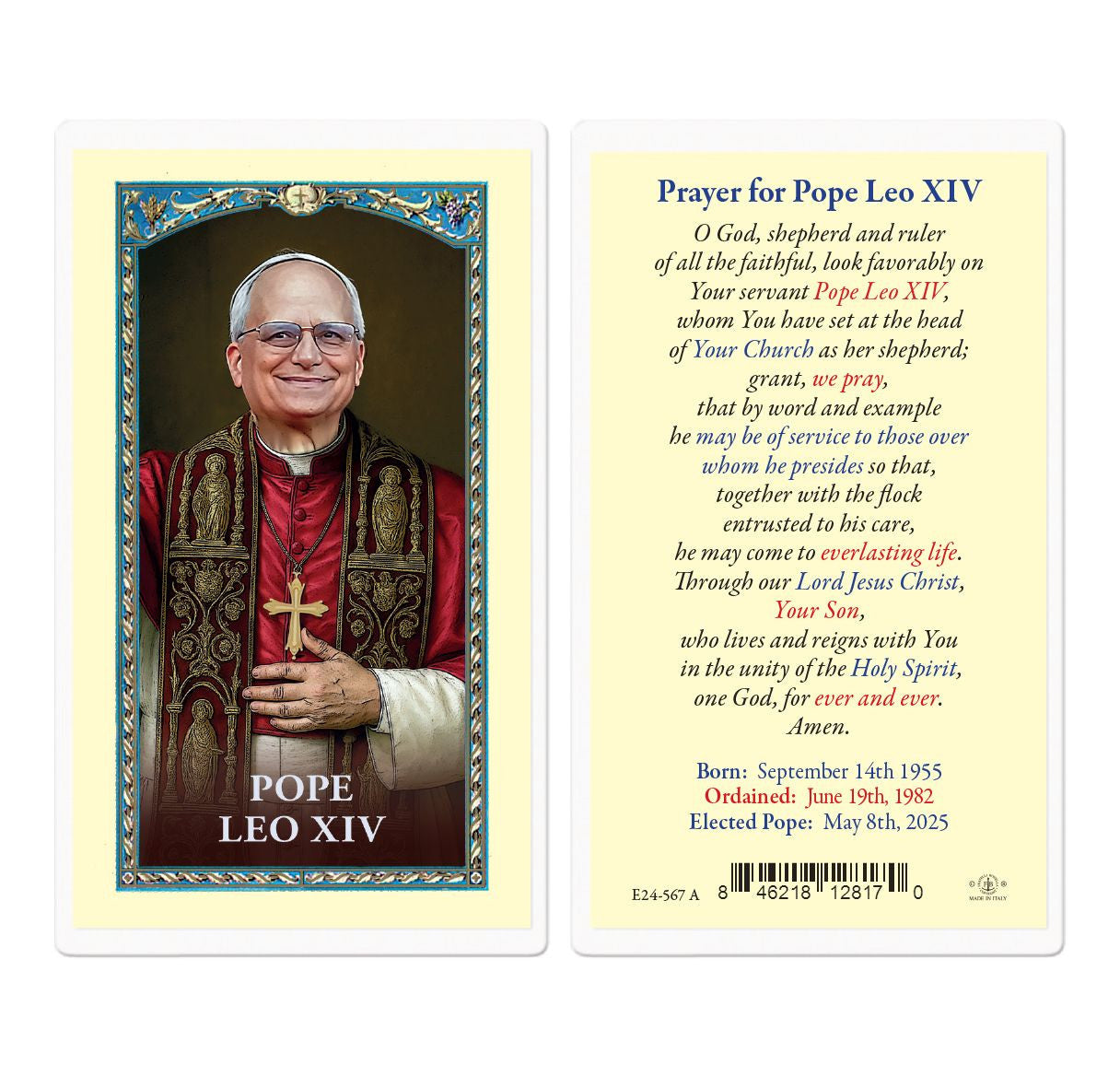 Pope Leo XIV Laminated Holy Card – Holy Land Art Company
